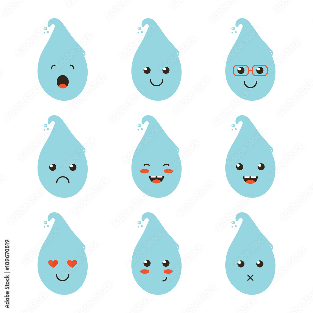 Cute cartoon water drop character with different facial expressions ...