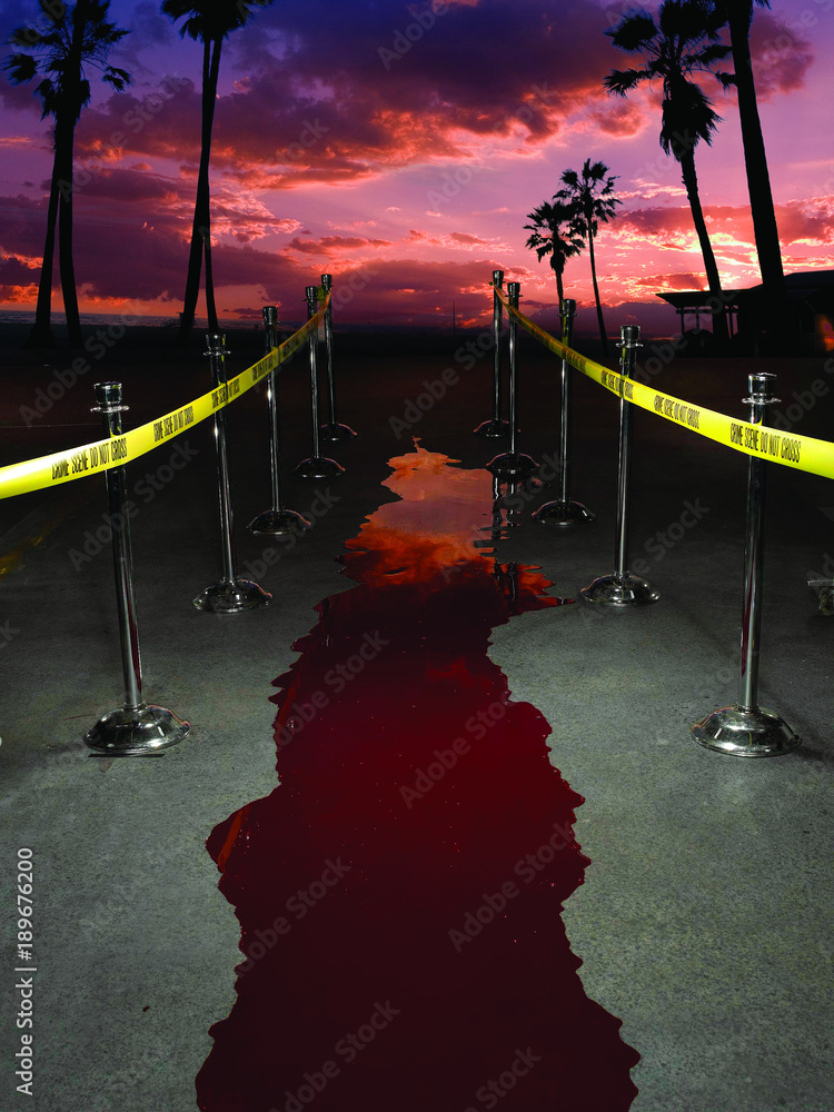 Bloody pavement lined with crime scene tape at sunset Stock Photo ...