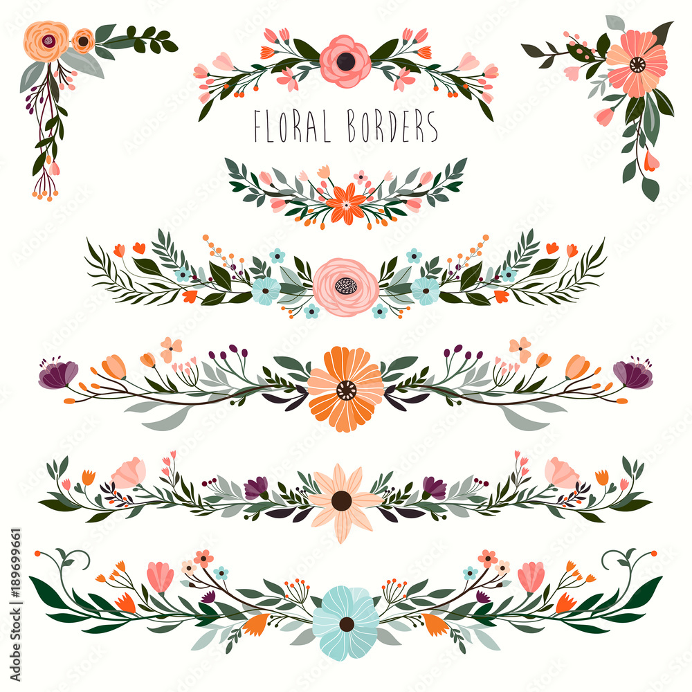 Floral borders collection with hand drawn decorative garland Stock ...