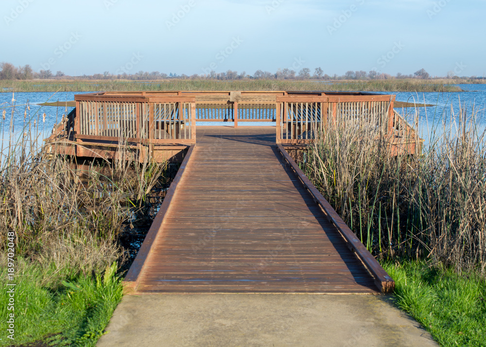 Cosumnes River Preserve bird observation deck on a partly cloudy day ...