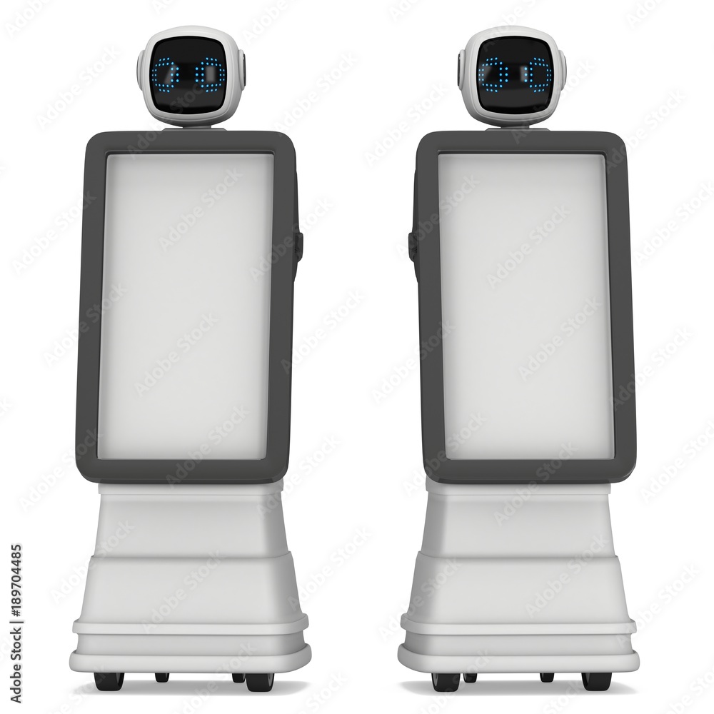Robot Promoter Trade show booth with Blank LCD Screen. 3d render ...
