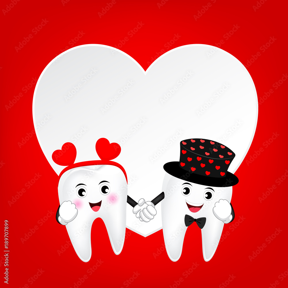 Cute cartoon tooth character with heart. Couple in love, Valentine's ...