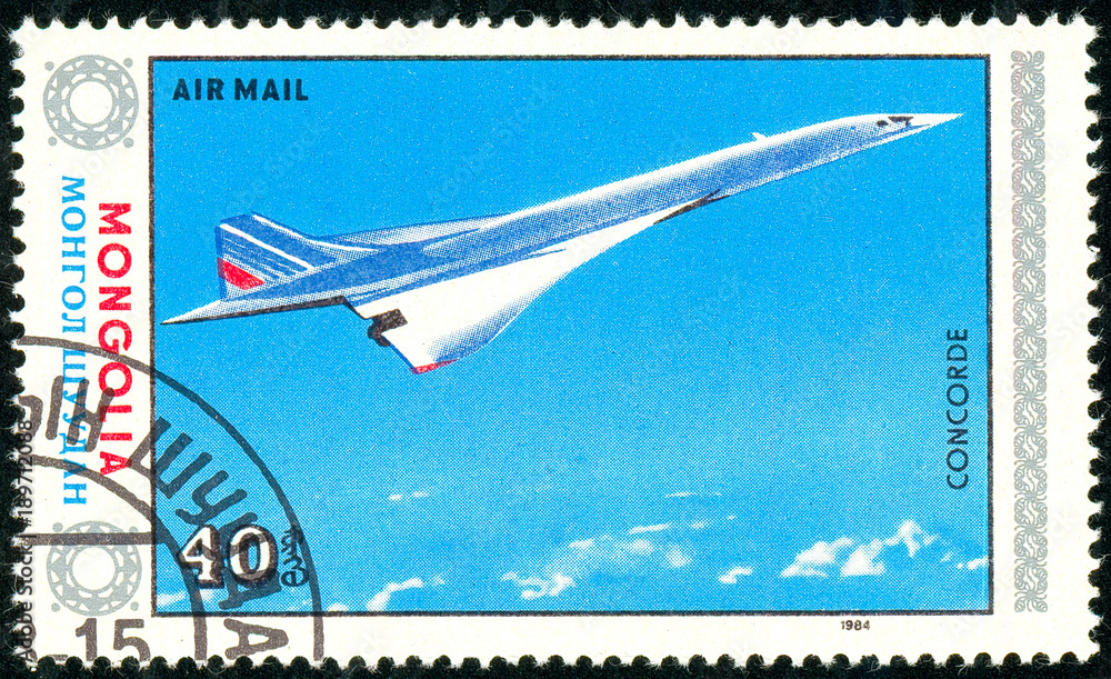Ukraine - circa 2018: A postage stamp printed in Mongolia show aircraft ...