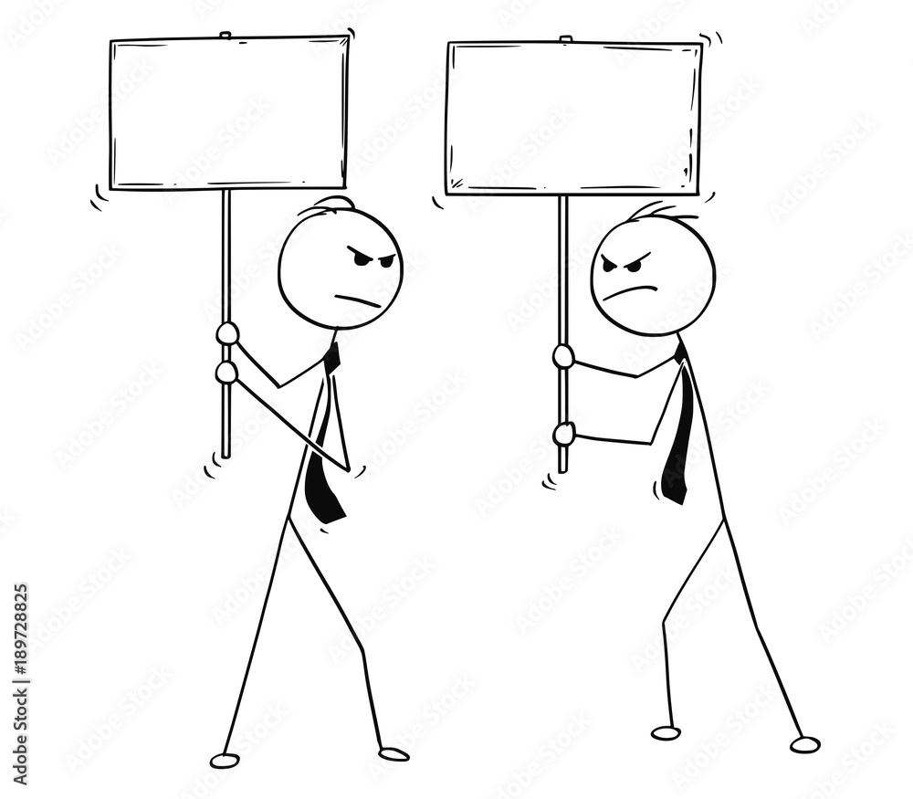 Cartoon stick man drawing conceptual illustration of two arguing angry ...