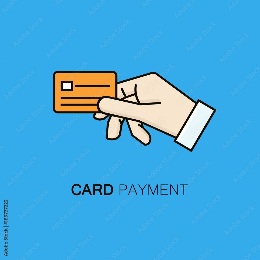 Card payment symbol - vector line style illustration with hand holding ...