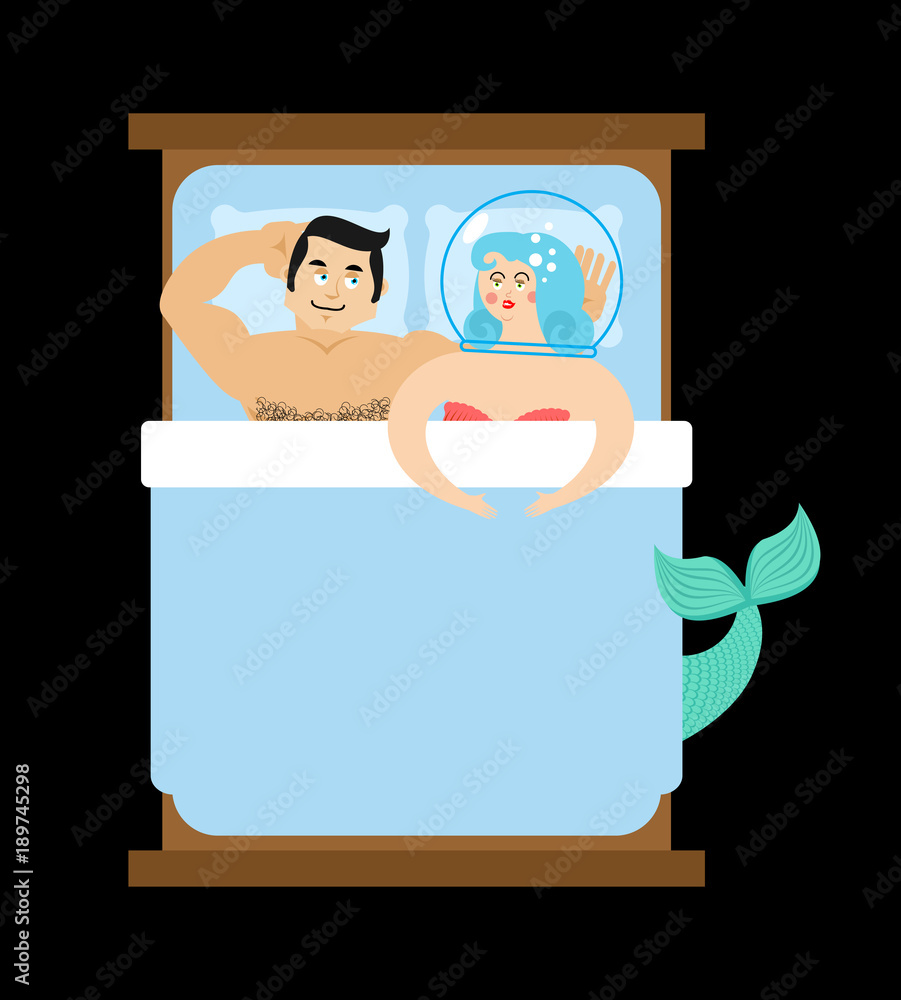 Mermaid in bed with lover. Mythical underwater woman and guy. Vector ...