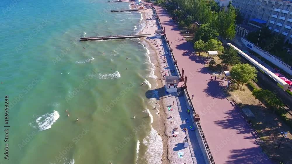 Aero view: Sea, beach, laguna resort town of Feodosiya, Crimea vacation ...