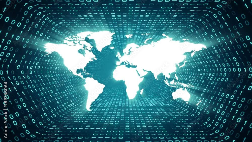 White world map silhouette form cyan binary tunnel on cyan background ...