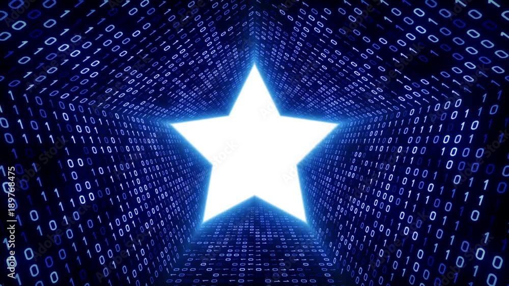 White star icon form blue binary tunnel on black background. Seamless ...