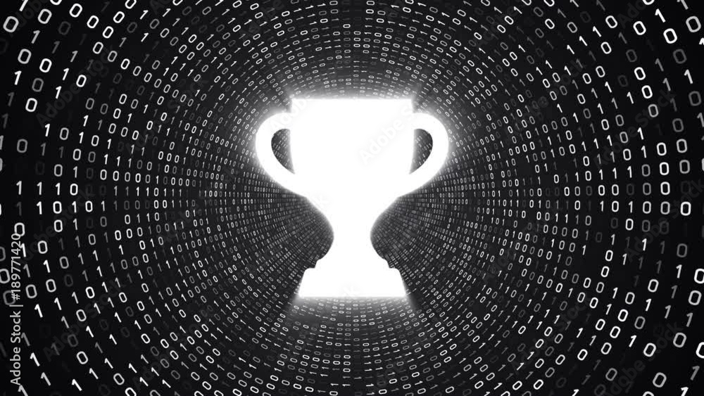 White trophy cup icon form white binary tunnel on black background ...
