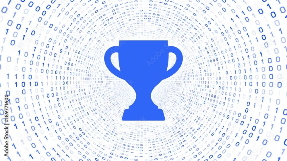 Blue trophy cup icon form blue binary tunnel on white background ...