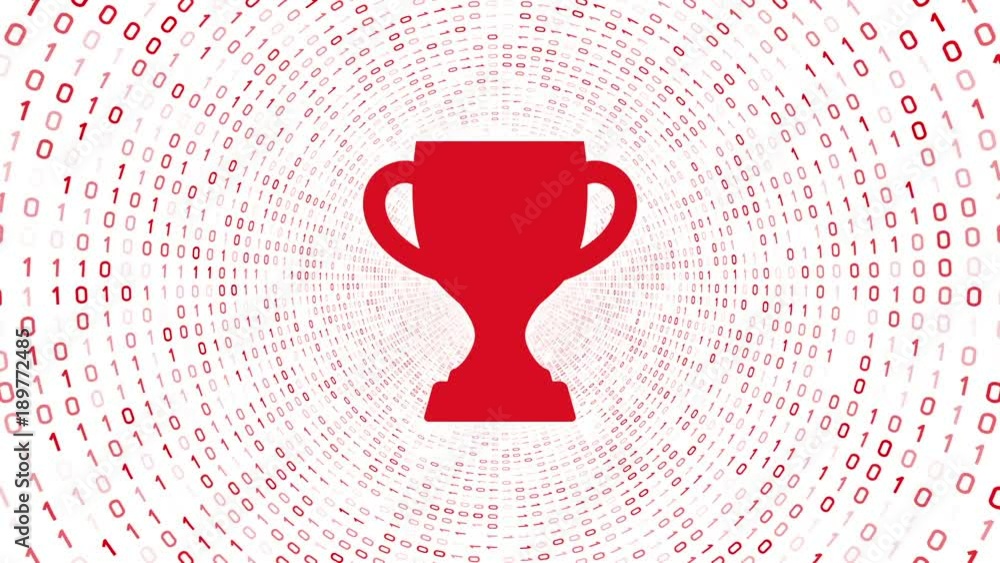 Red trophy cup icon form red binary tunnel on white background. Digital achievement concept ...