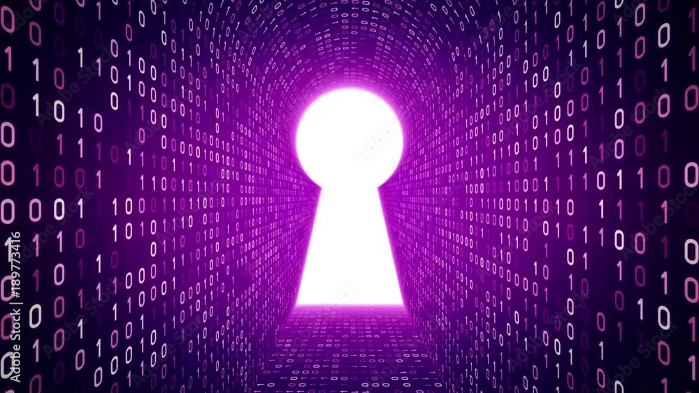 White keyhole icon form white binary tunnel on violet background. Computer security concept ...