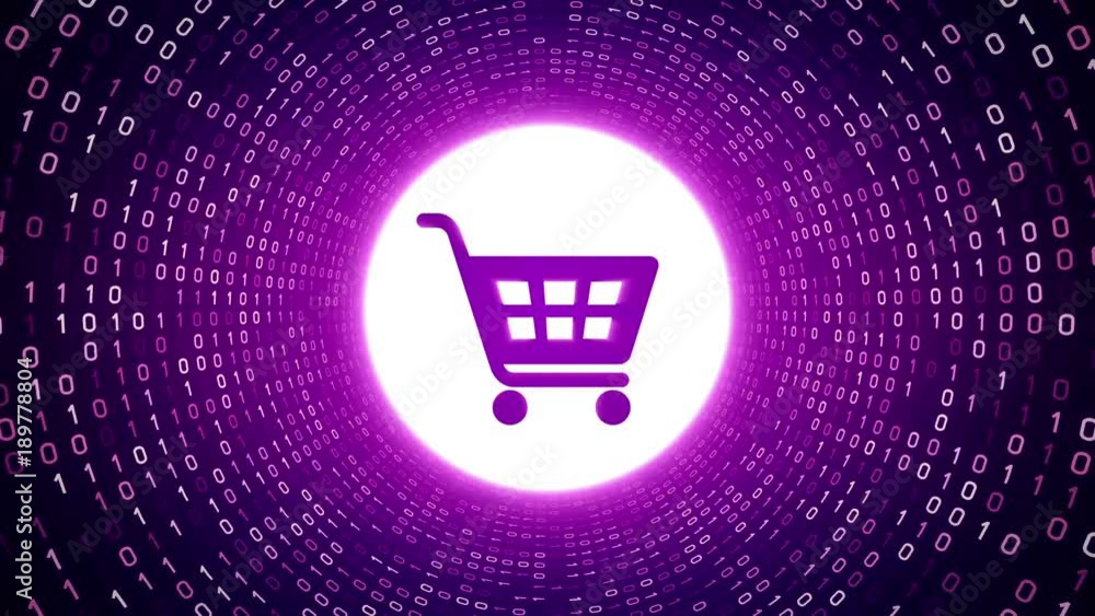 Purple shopping cart icon form white binary tunnel on purple background ...