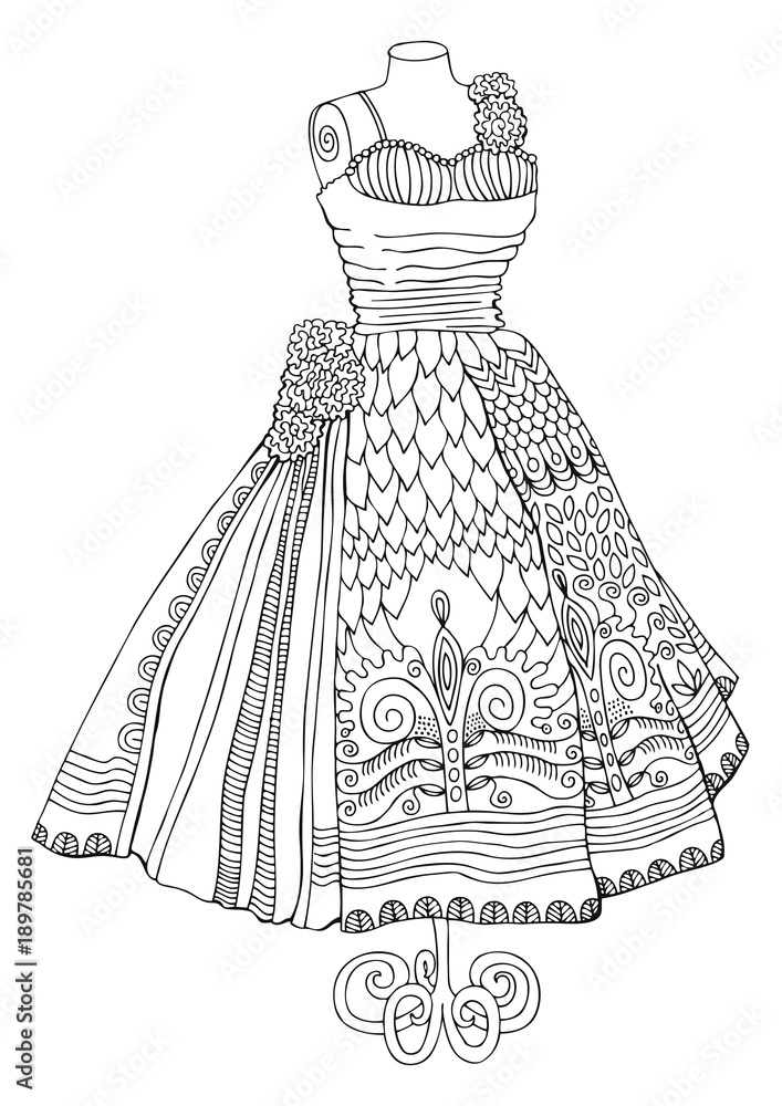 Women's lace dress. Hand drawn illustration for coloring page, poster ...