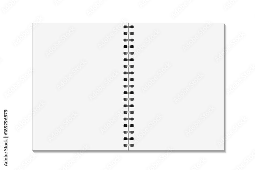 Blank open pages book with binder metal spiral template. Notebook mock ...