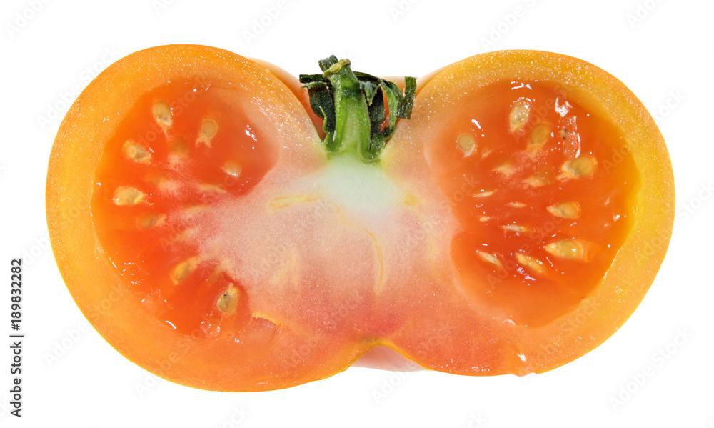 Italian flat red tomato cut in half inside longitudinal section ...