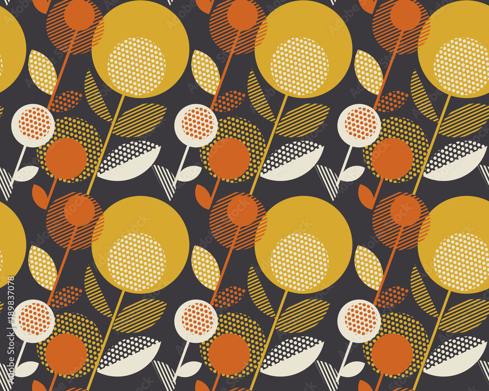 Retro orange and yellow color 60s flower motif. Geometric floral ...