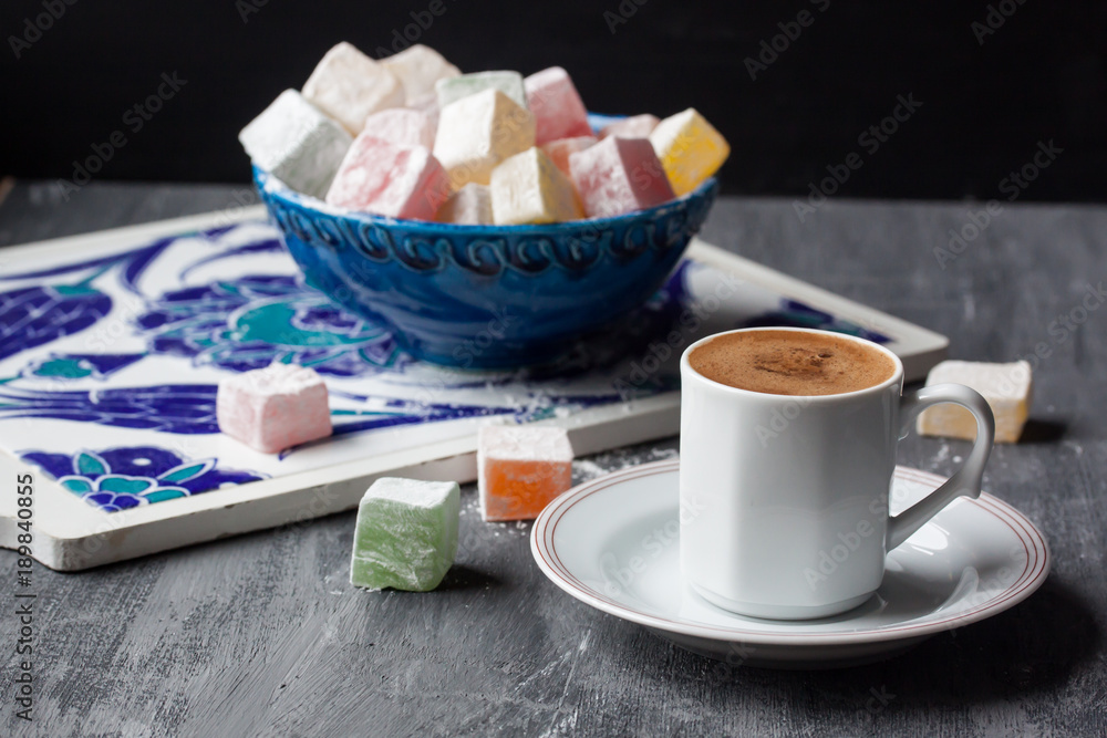 Turkish delight lokum and Turkish coffee Stock Photo | Adobe Stock