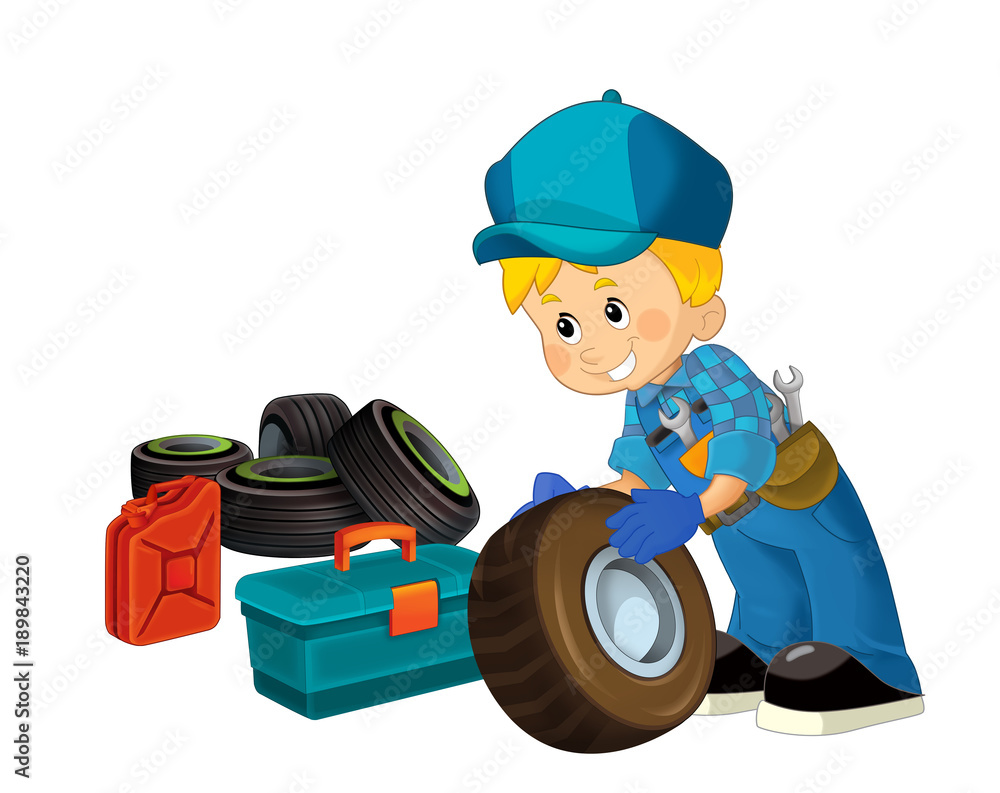 cartoon scene with mechanic worker with wheels tools and petrol ...