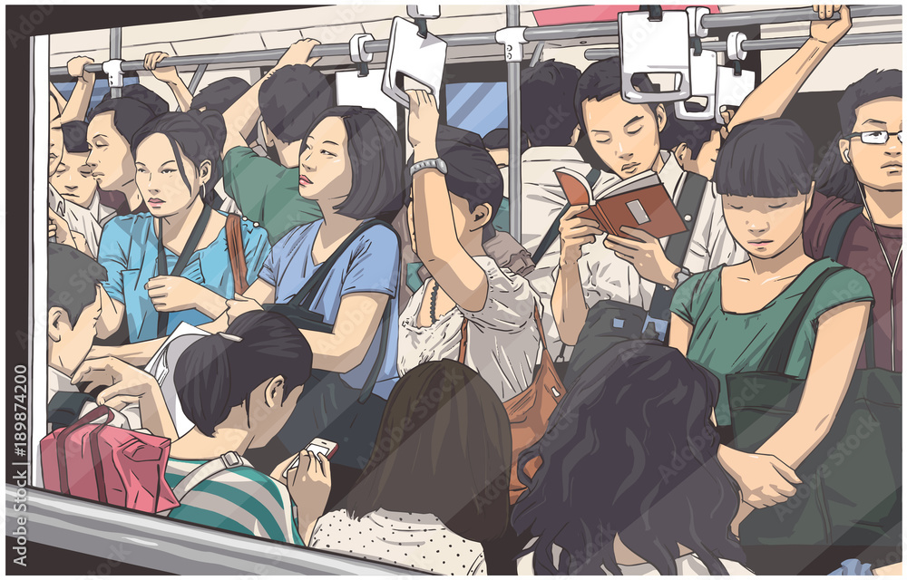 Illustration of crowded metro, subway cart in rush hour Stock Vector ...