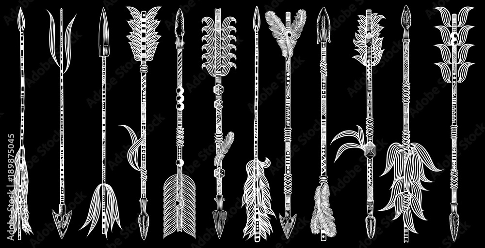 Set of ethnic Boho arrows with feathers. Decorative tribal hand drawn ...