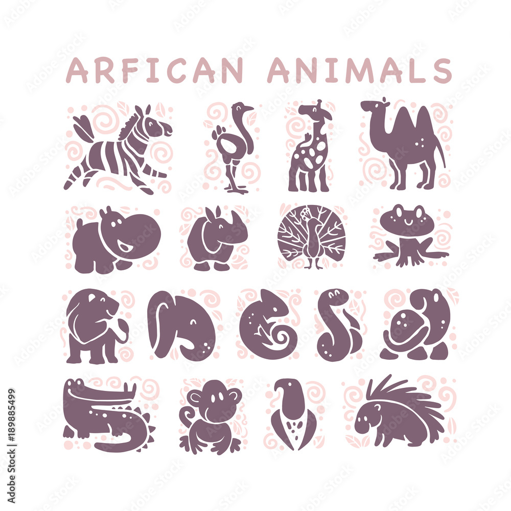 Vector collection of flat African cute animal icons isolated on white ...