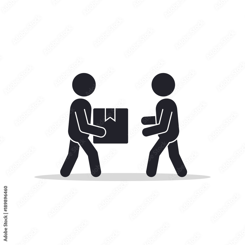 Delivery man giving box to other man icon. Vector isolated flat ...