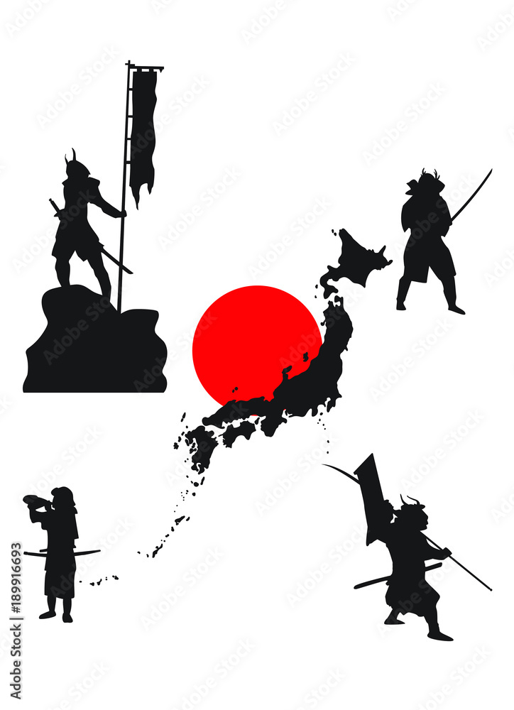 figures of four Samurais. map of Japan. symbol of the sun Stock Vector ...