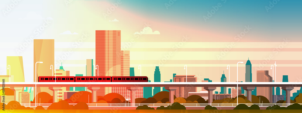 Subway Train Over Sunset IN Modern City Panorama With High Skyscrapers ...