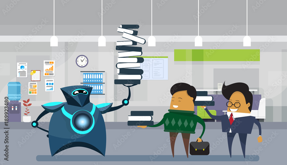 Human Robot Office Workers, Modern Robotic Holding Big Stack Of Books ...