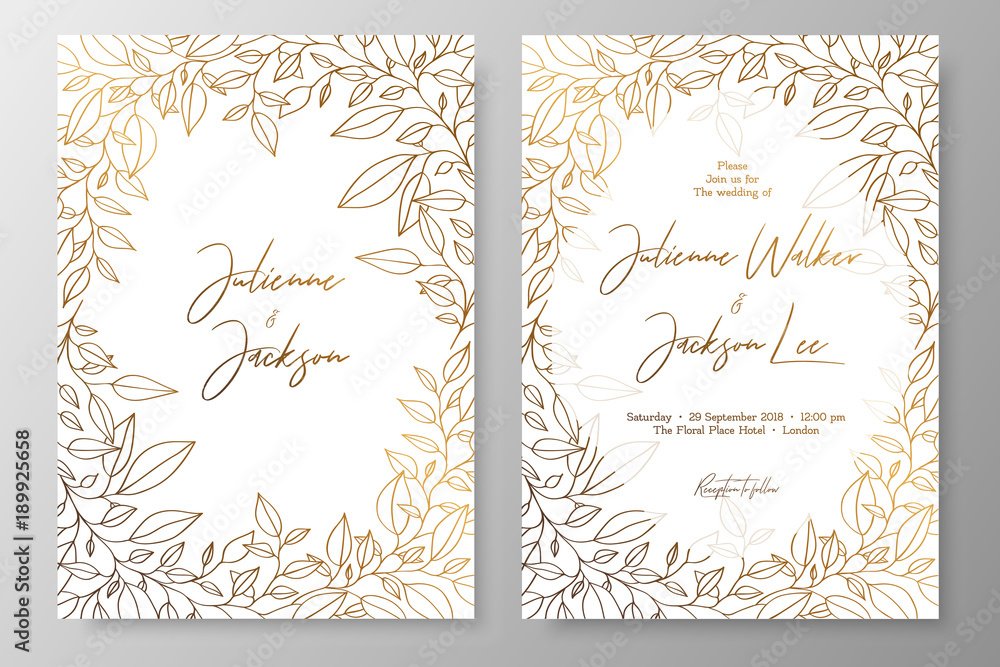 Gold invitation with frame of leaves. Gold cards templates for save the ...