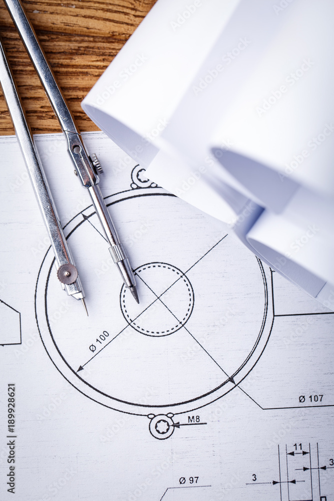 Technical drawings. Project by drawing compass on paper. Drawing detail ...