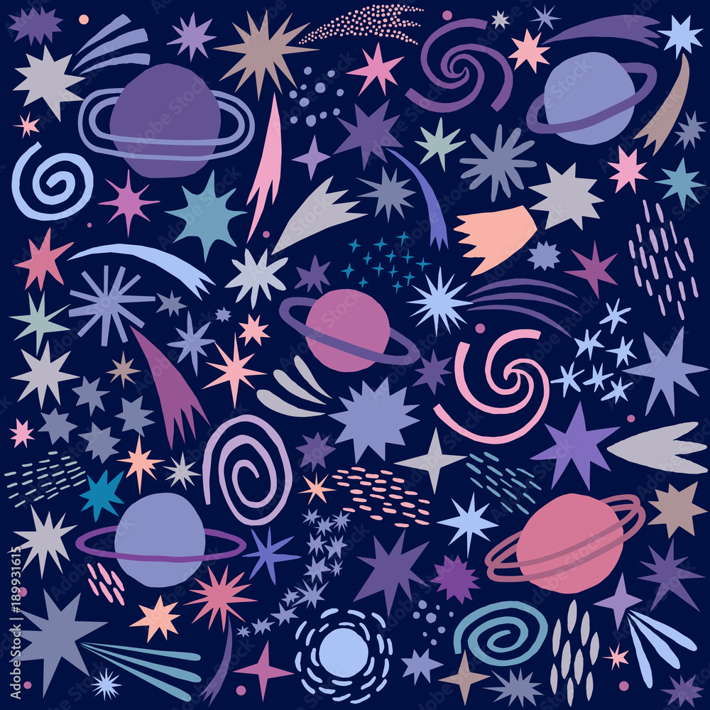 Vector space illustration. Planets, stars, universe, galaxy doodle set ...