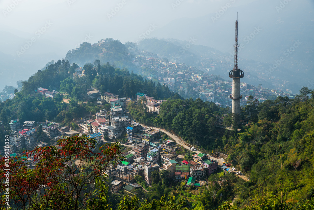 Gangtok city aerial view from high place in the Indian state of Sikkim ...