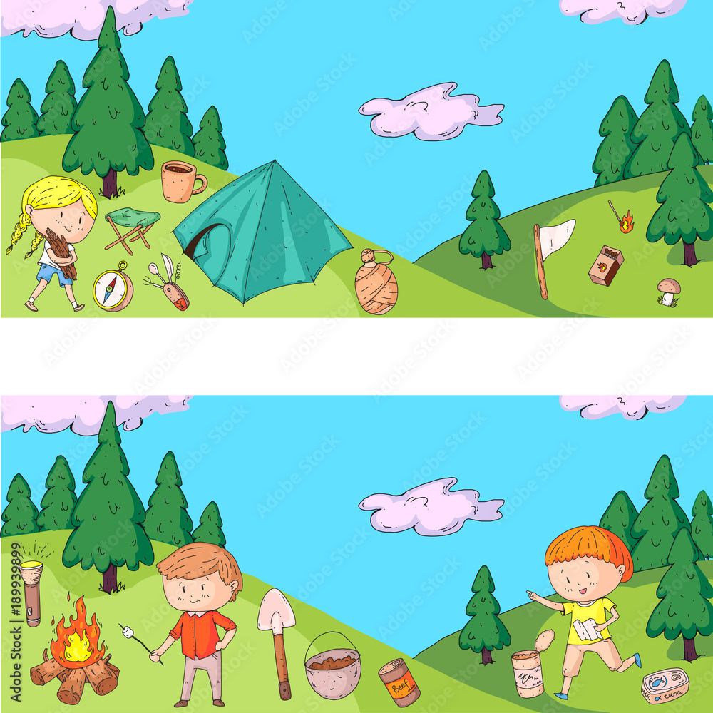 Children camping. Summer camp. Scouts, adventure, hiking, exploration ...