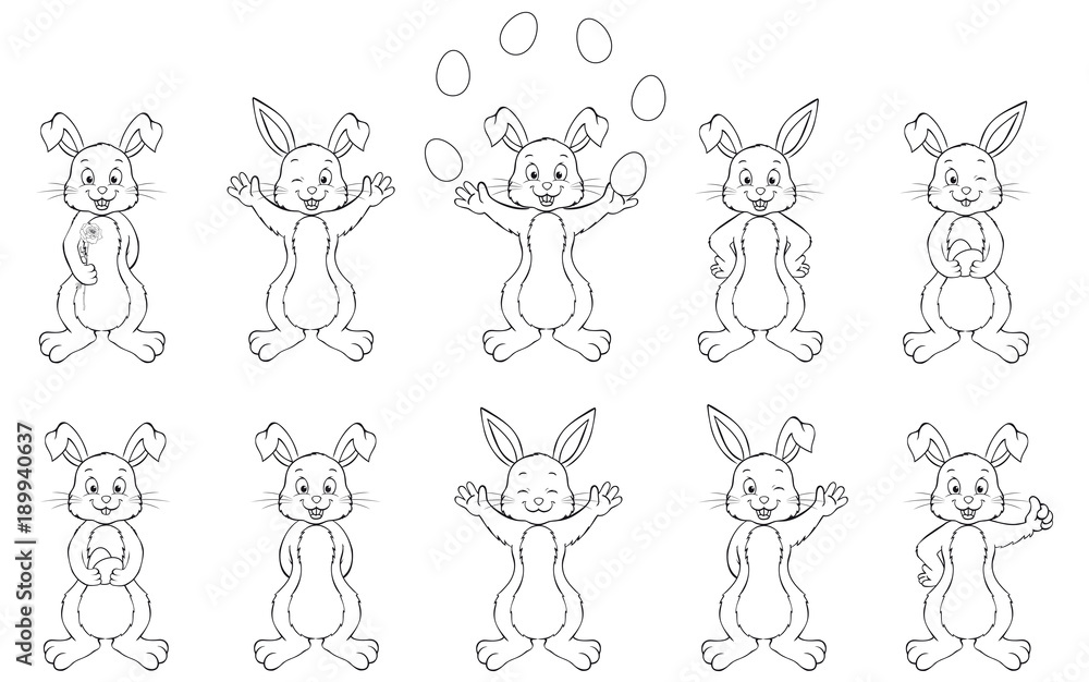 big collection of cute easter bunnies coloring page Stock Vector ...