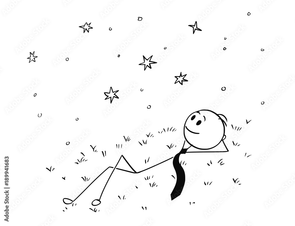 Cartoon stick man drawing conceptual illustration of businessman lying ...