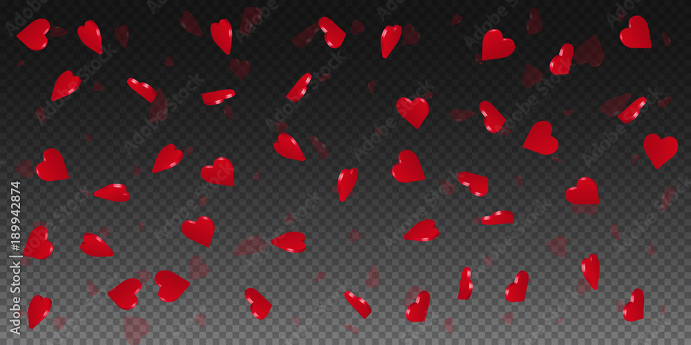 3d hearts valentine background. Wide scatter on transparent grid dark ...