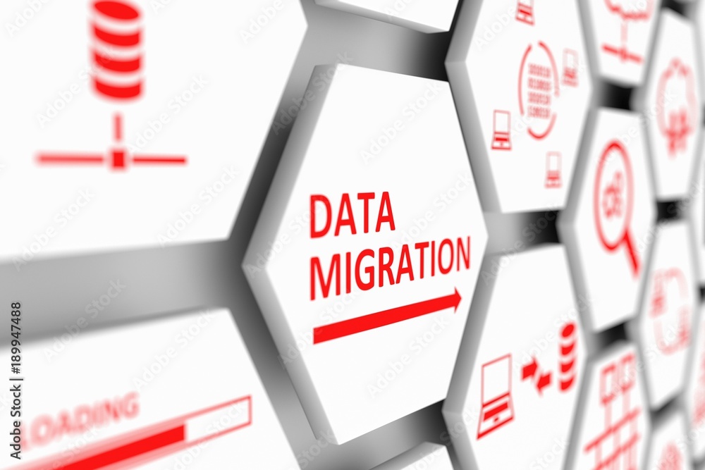 DATA MIGRATION concept cell blurred background 3d illustration Stock ...
