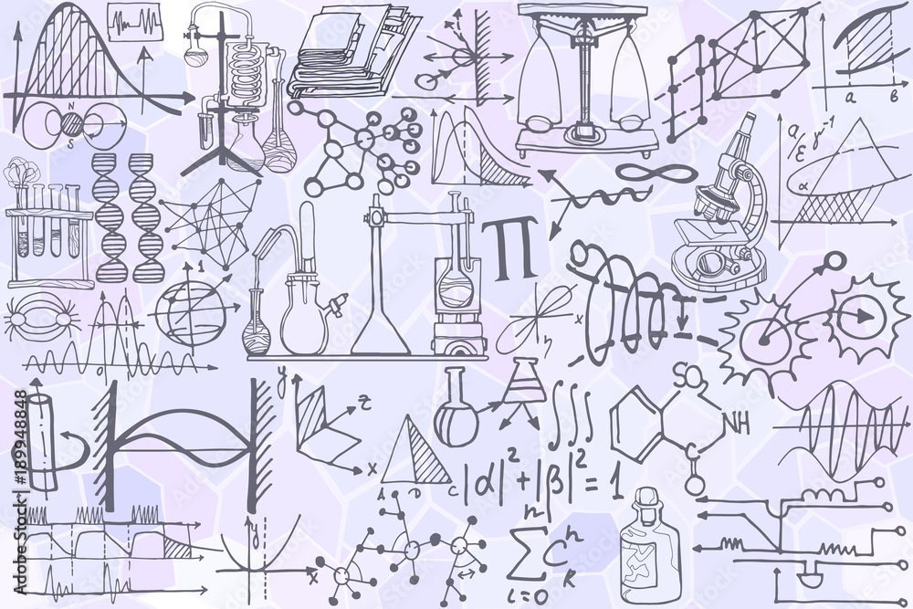 Vector seamless pattern with sketch elements related to science or ...