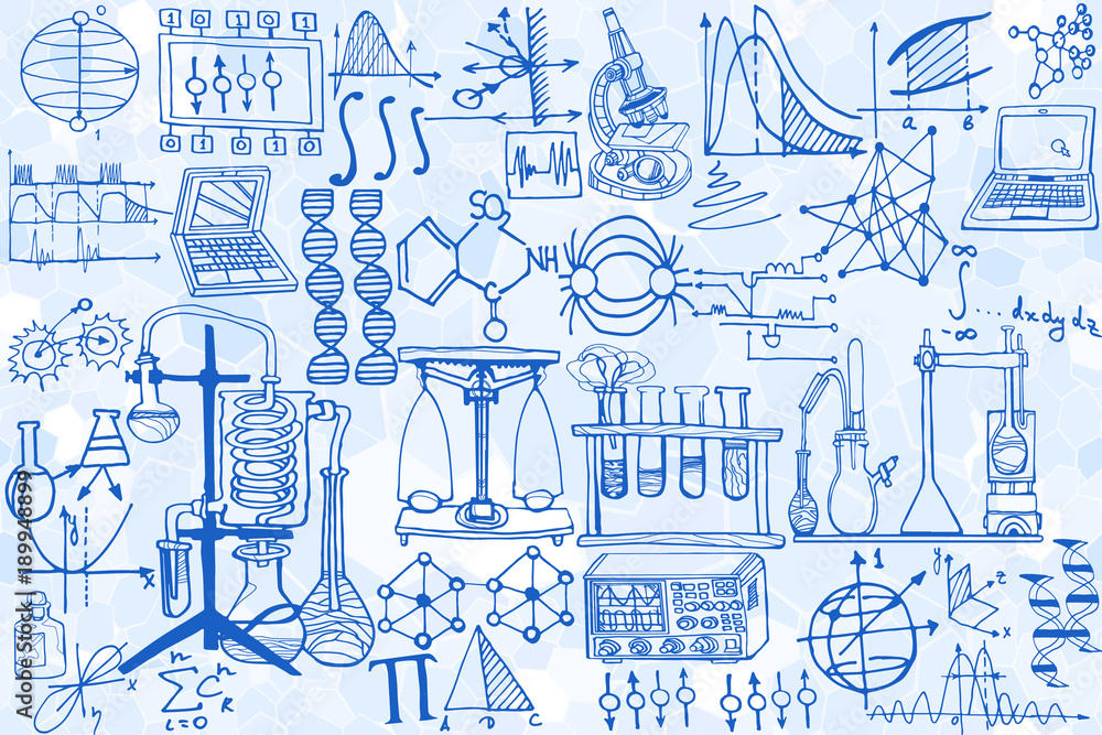 Vector seamless pattern with sketch elements related to science or ...