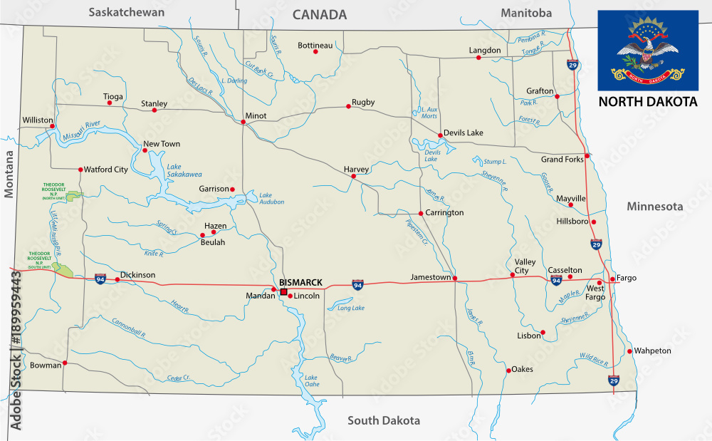 north dakota road vector map with flag Stock Vector | Adobe Stock