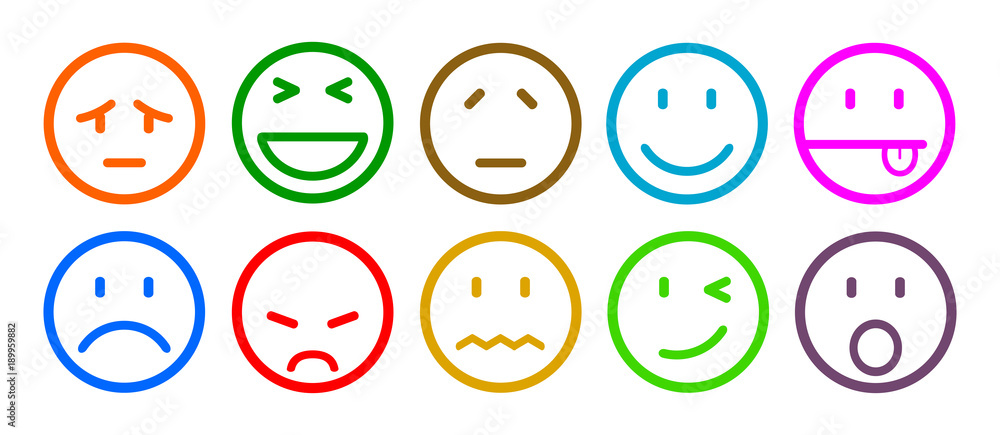 Ten smilies, set smiley emotion, by smilies, cartoon emoticons - stock ...
