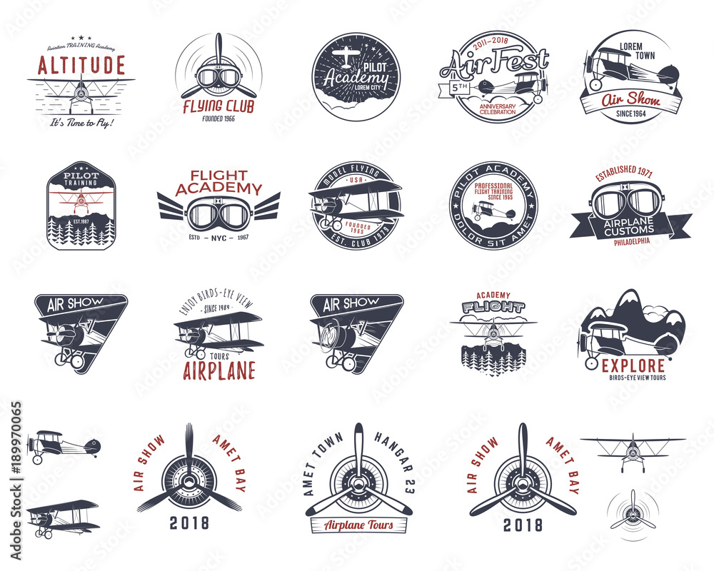 Vintage hand drawn old fly stamps. Travel or business airplane tour ...