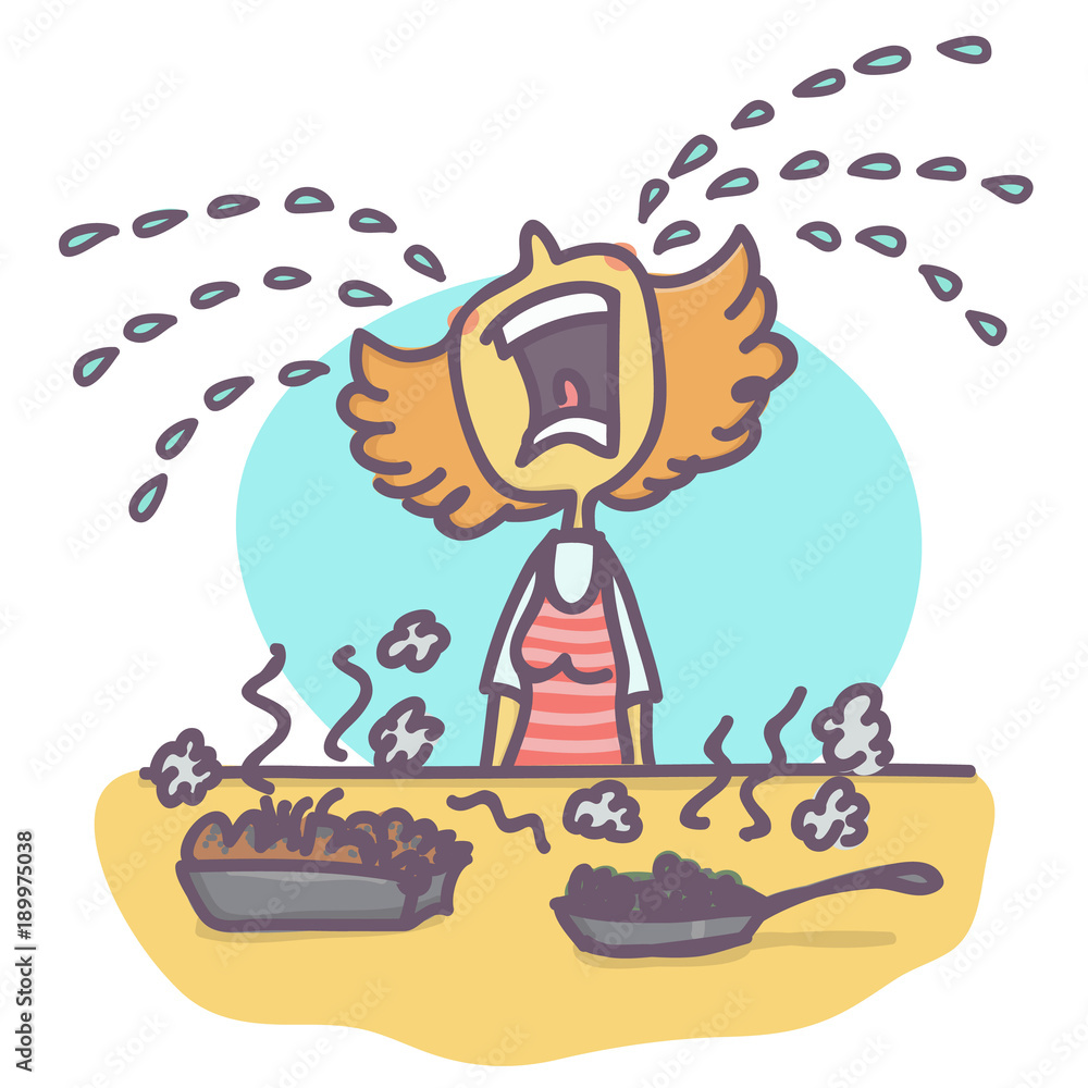 Woman crying big tears over burned food, funny vector cartoon Stock ...