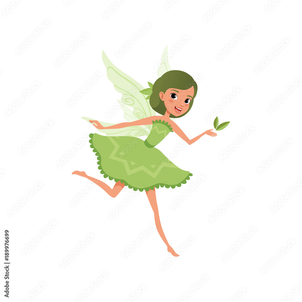 Fantasy forest fairy with green hair in little fancy dress. Imaginary ...
