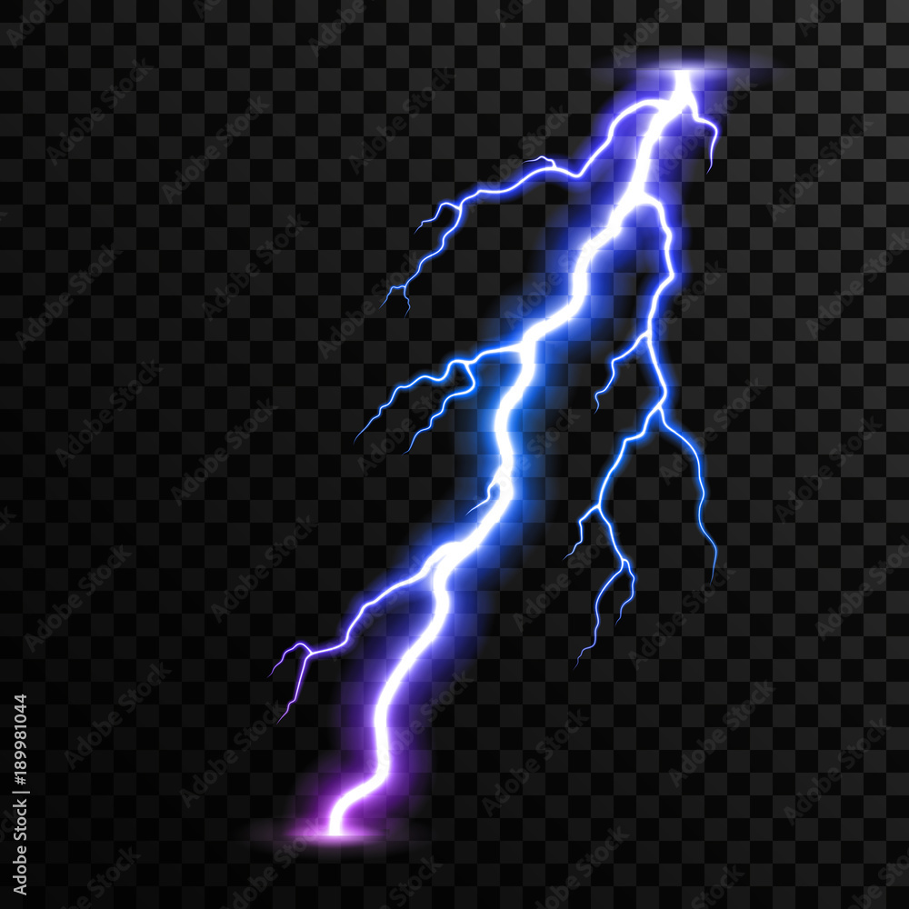 Realistic vector thunderbolt, bright magic lighting effect. Electric light thunder spark ...