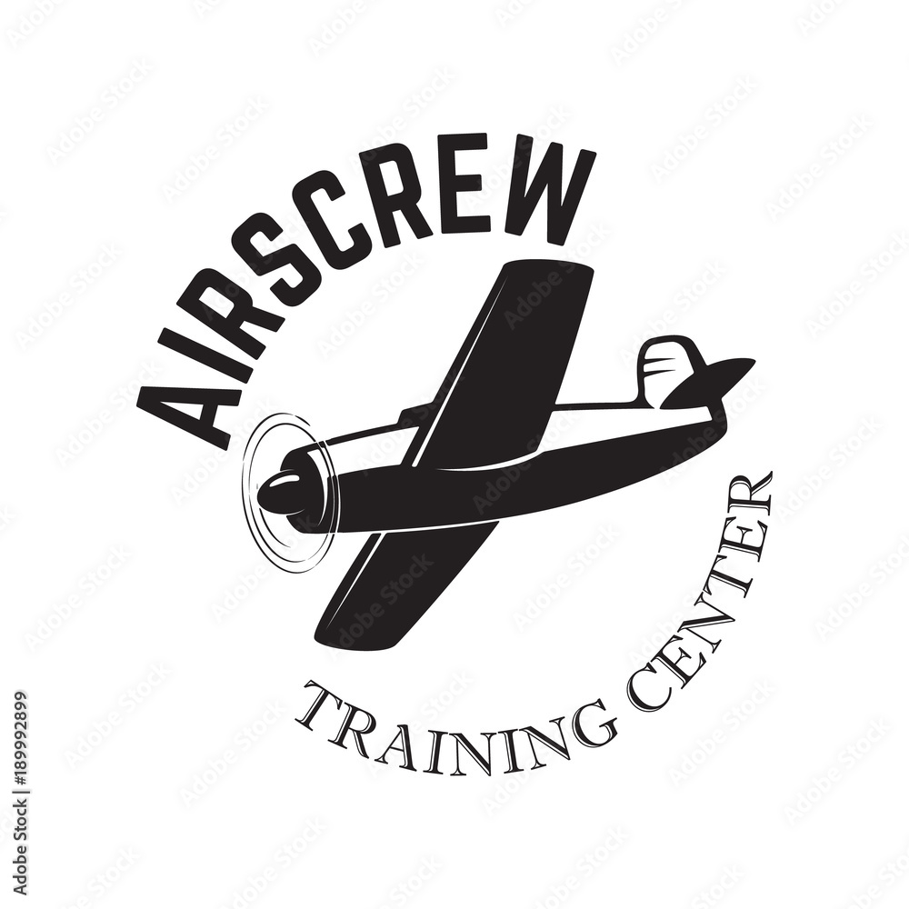 Airplane show. Retro airplane propeller on winged emblem. Design ... Airplane show. Retro airplane propeller on winged emblem. Design ...