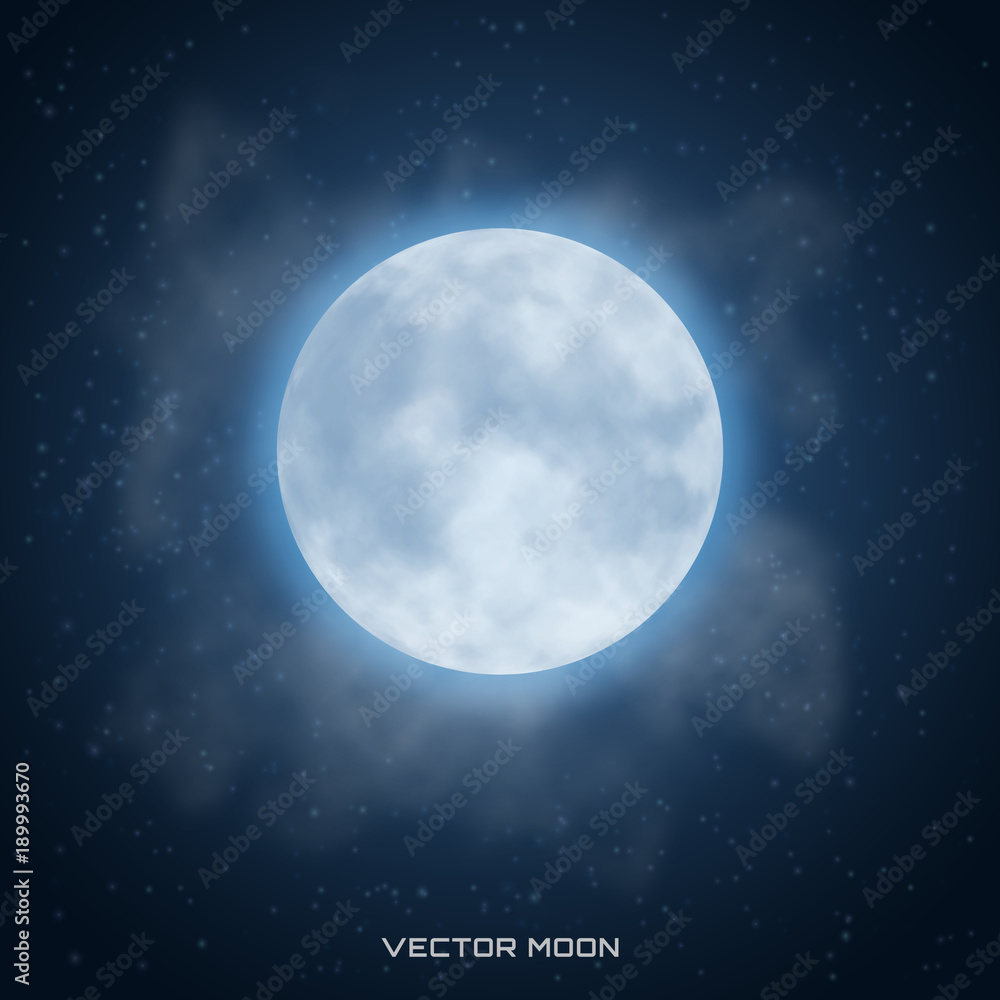 Vector realistic beautiful moon with glow effect and clouds on cosmic ...
